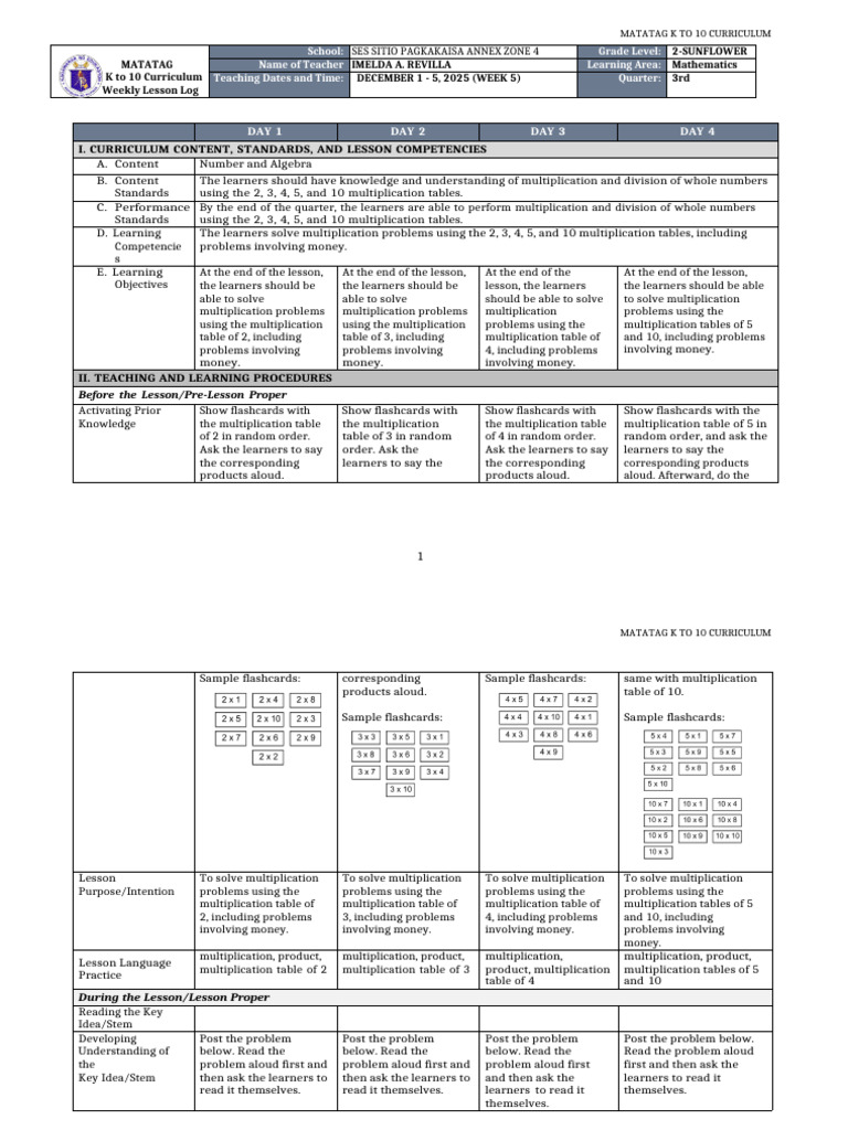 K-10 Math Lesson Plan: Multiplication | PDF | Curriculum | Learning
