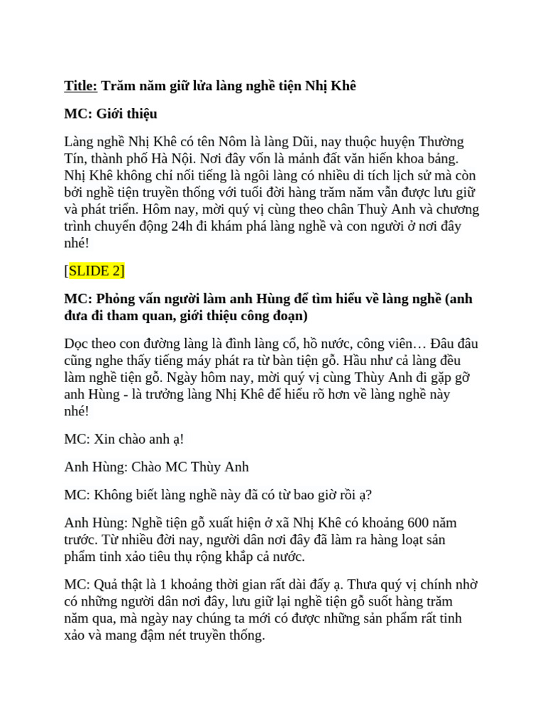 Title: Trăm năm giữ lửa làng nghề tiện Nhị Khê MC: Giới thiệu | PDF