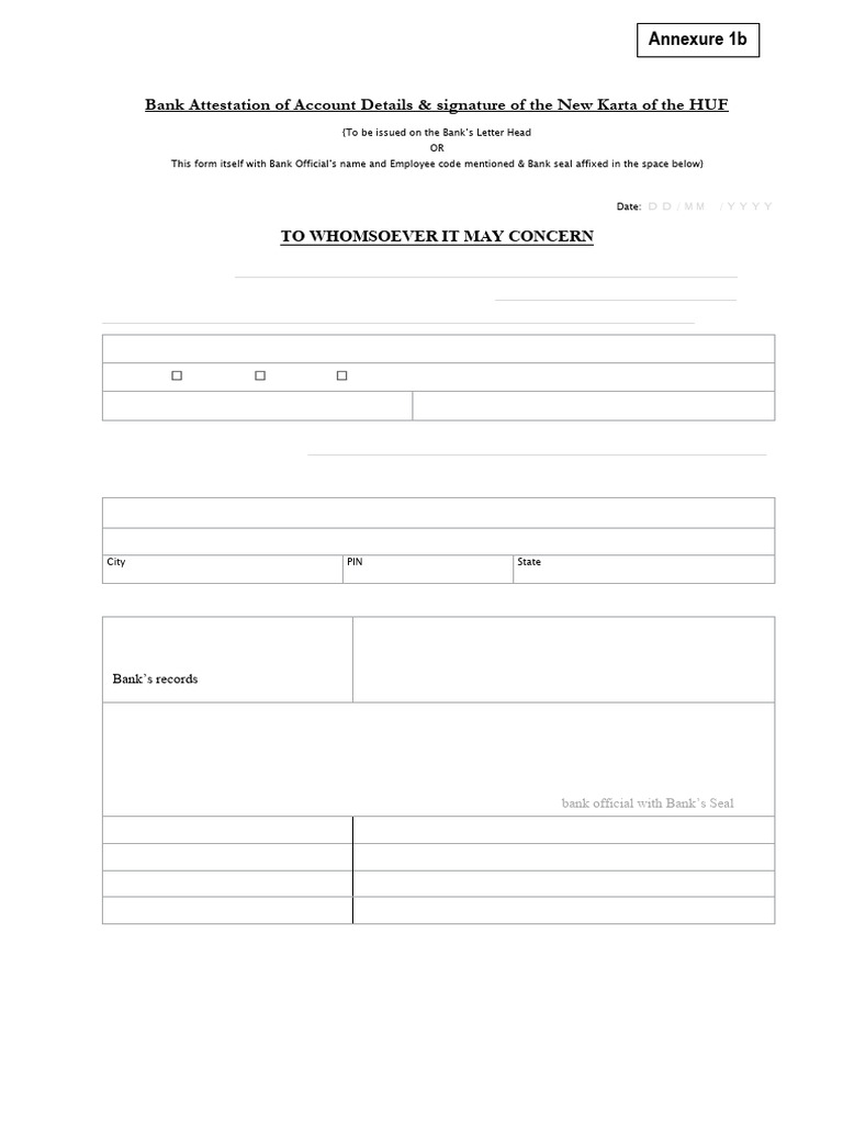 Annexure Ib Bank Attestation of Signature of The New Karta | PDF