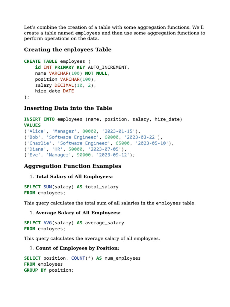 SQL Aggregation Functions Example | PDF