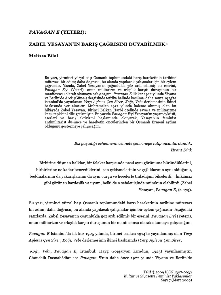 Zabel Yesayan'in Bariş Çağrisini Duyabi̇lmek | PDF