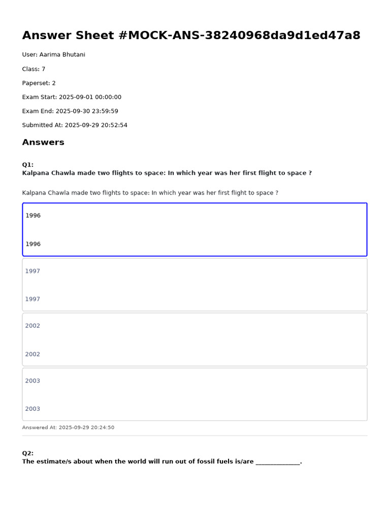 Answersheet MOCK ANS 38240968da9d1ed47a8 | PDF | Leaf | Force