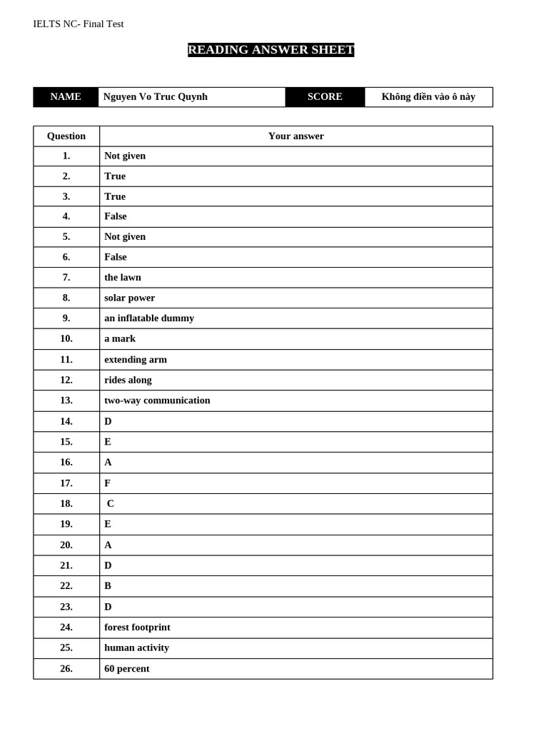 Reading Answer Sheet (Done)(Final) | PDF
