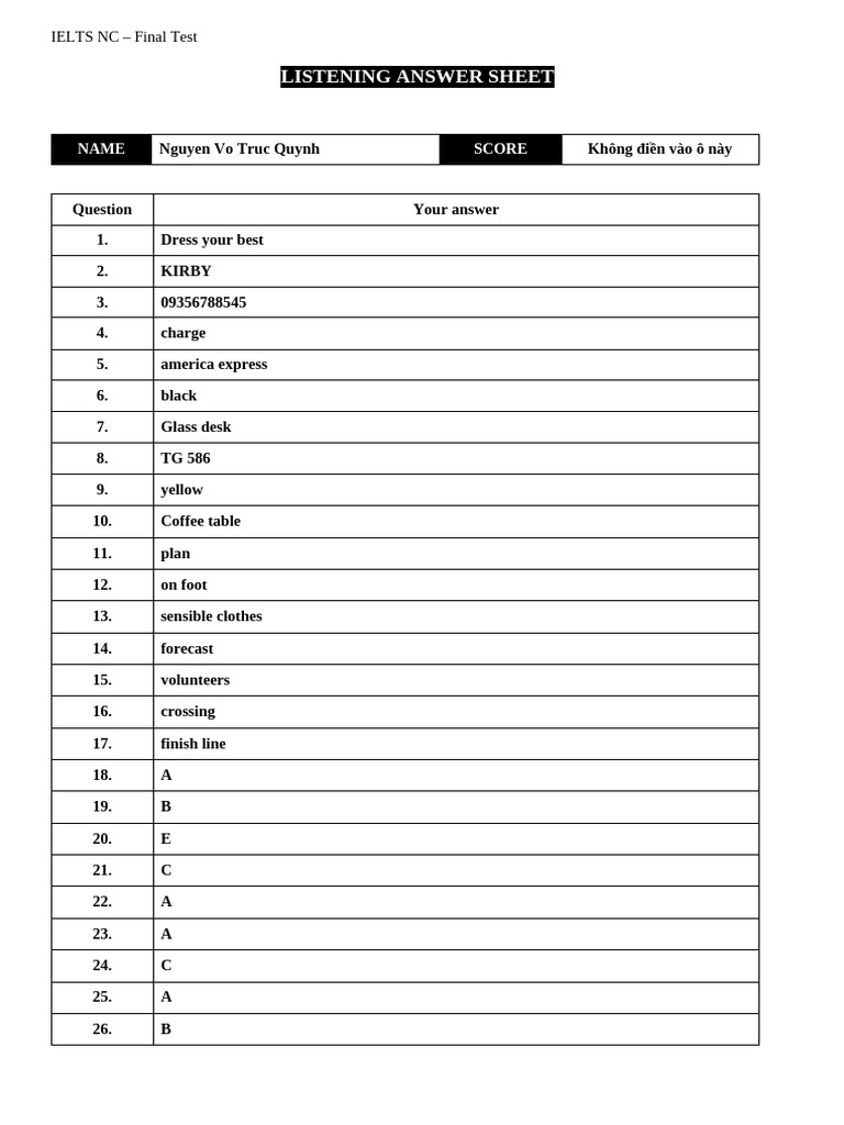 Listening Answer Sheet (Done) (Final) | PDF