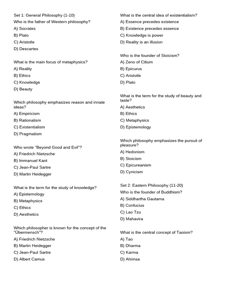 Philosophy Quiz: Key Concepts & Thinkers | PDF | Nirvana | Metaphysics