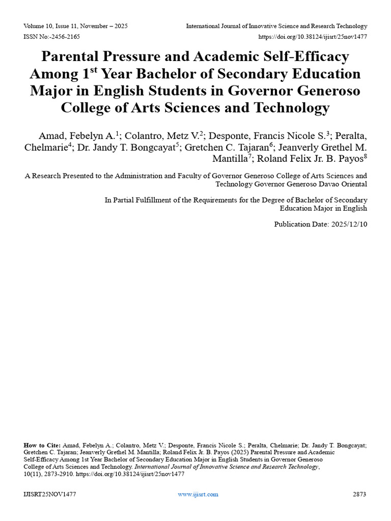 Parental Pressure and Academic Self-Efficacy Among 1st Year Bachelor of ...