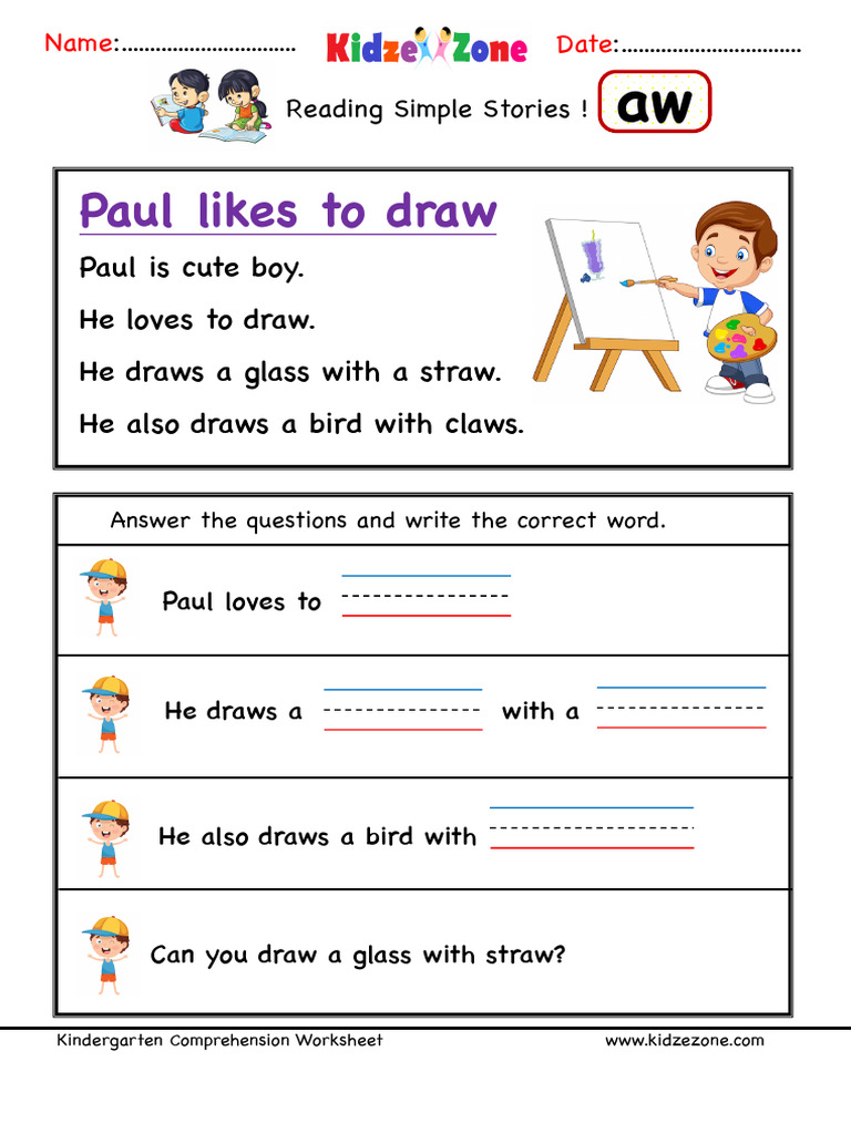 Kindergarten Worksheet Aw Word Family Comprehension 3 | PDF