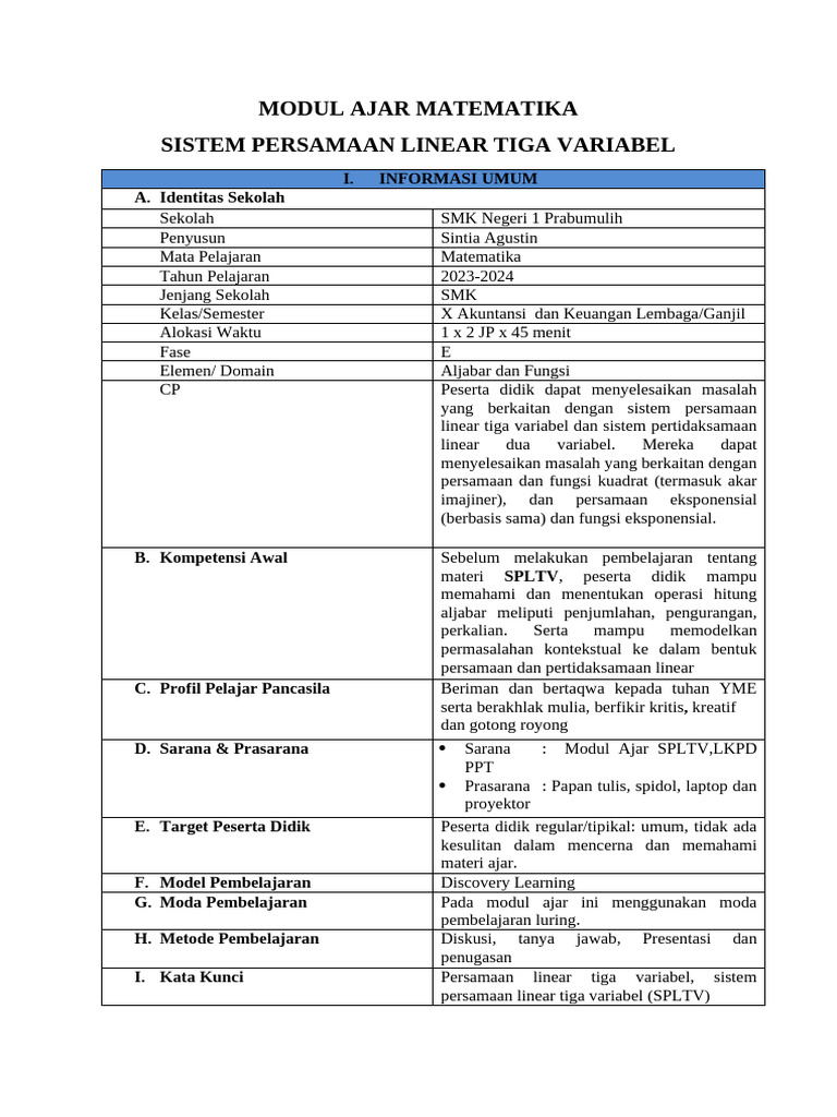 MODUL AJAR SPLTV | PDF