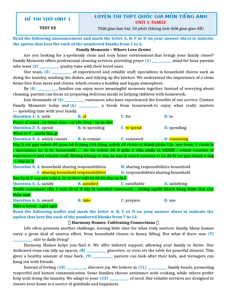 English Exam Preparation: Family Unit | PDF | Grandparent | Love