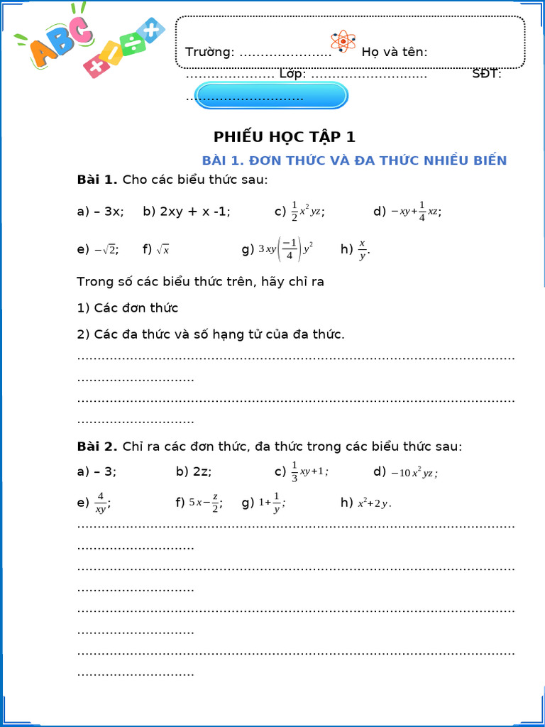 Pht Toan 8 Ki 1 Ctst c1 Bai 1 Don Thuc Va Da Thuc Nhieu Bien | PDF