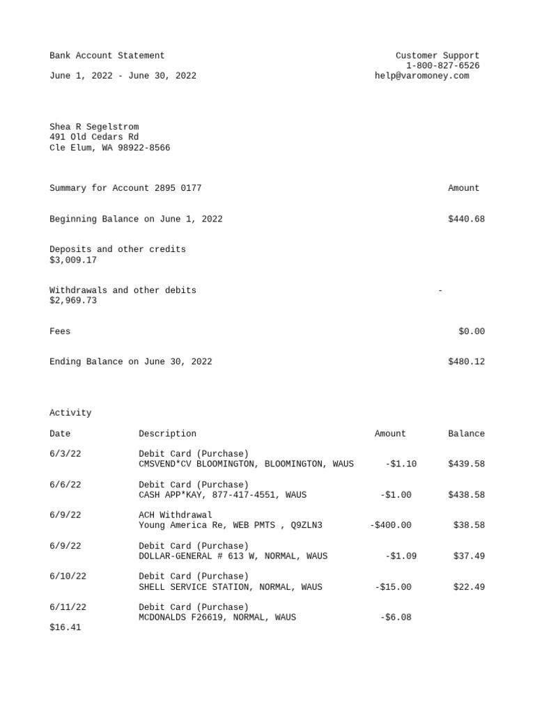 VARO Bank Statement | PDF