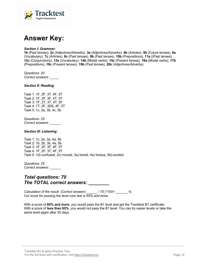B1 - Listening-Reading-Writing - KEY | PDF | Grammatical Tense | Adverb