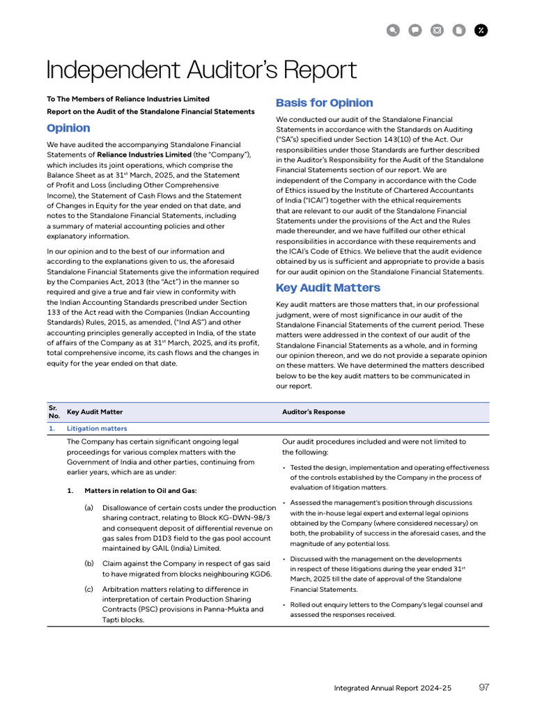 Reliance Industries 2024-25 Audit Report | PDF | Audit | Going Concern
