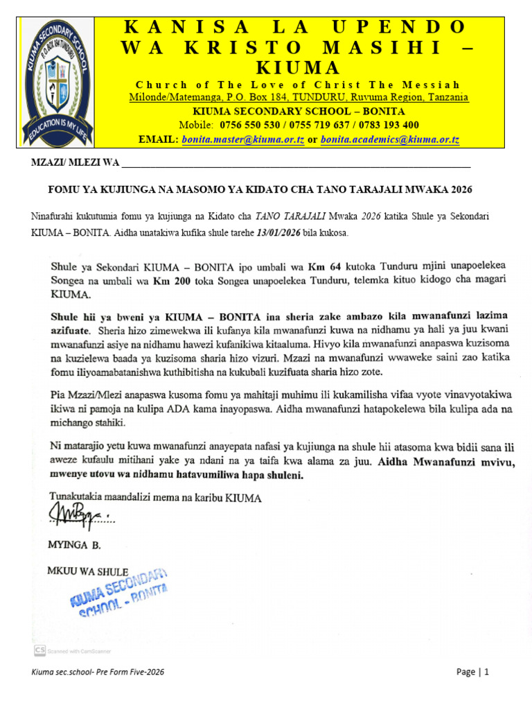 Pre Form Five 2026 Joining Instruction | PDF