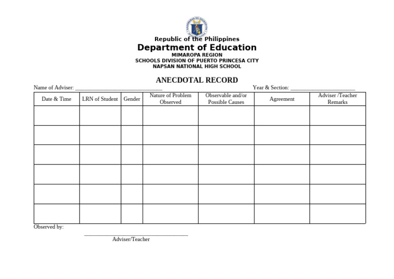 Anecdotal Record Template for Schools | PDF