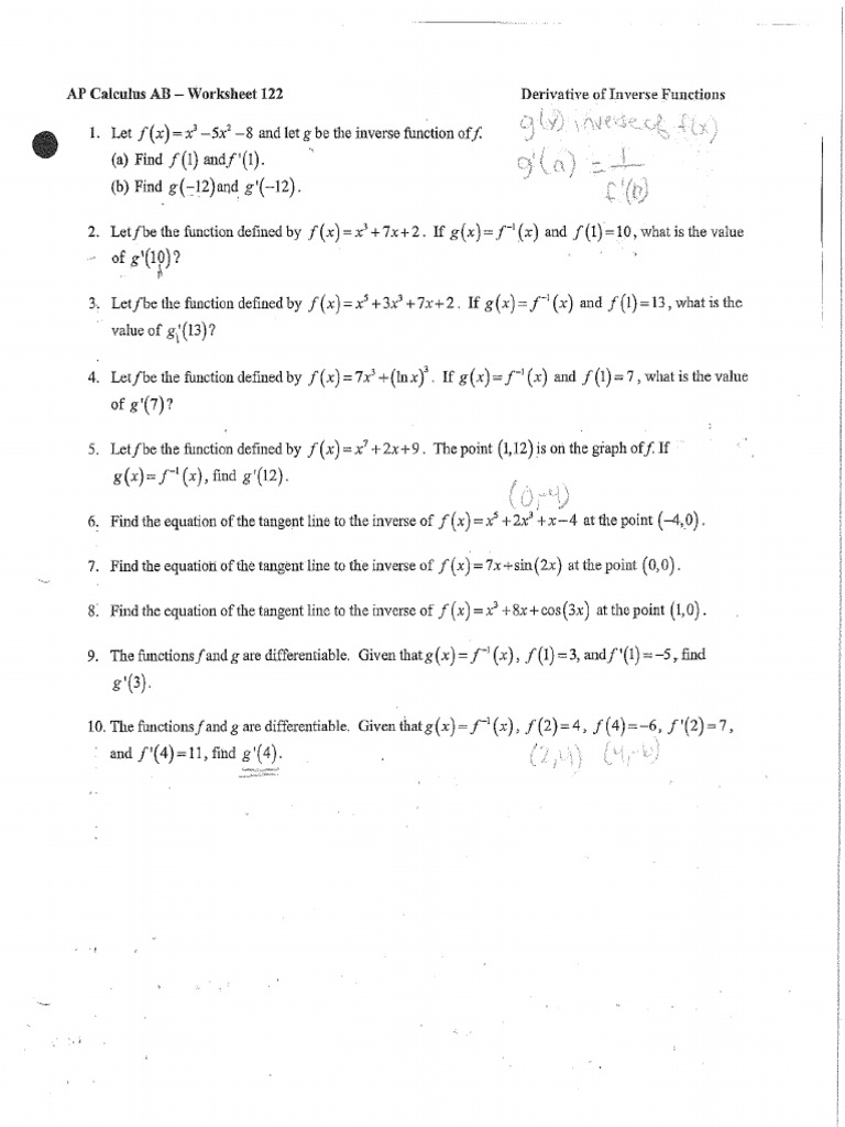 Derivative of Inverse Worksheet | PDF