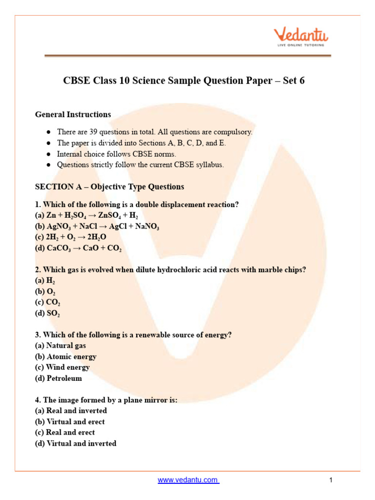 CBSE Class 10 Science Sample Paper 2025-26 - Mock Paper 6 PDF | PDF ...