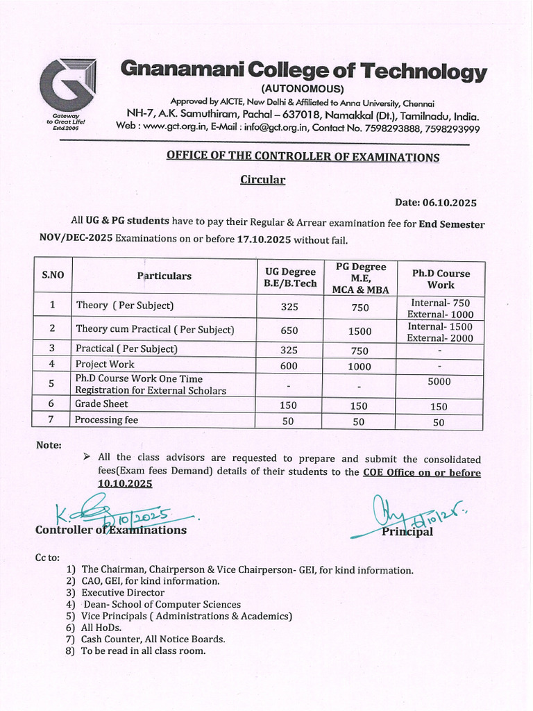 Exam Fee Circular (End Semester Examinations - Nov, Dec-2025) | PDF