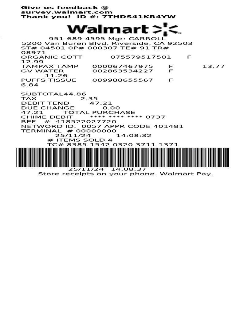 Walmart Purchase Receipt Summary | PDF