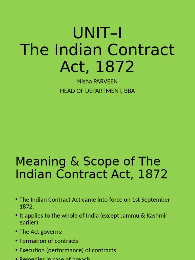 UNIT-I - Indian Contract Act, 1872 | PDF | Damages | Breach Of Contract