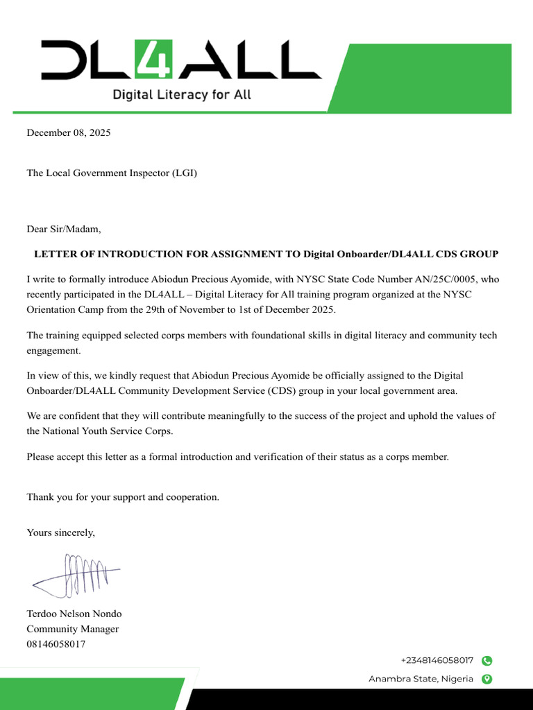 Abiodun Precious Ayomide Intro Letter | PDF