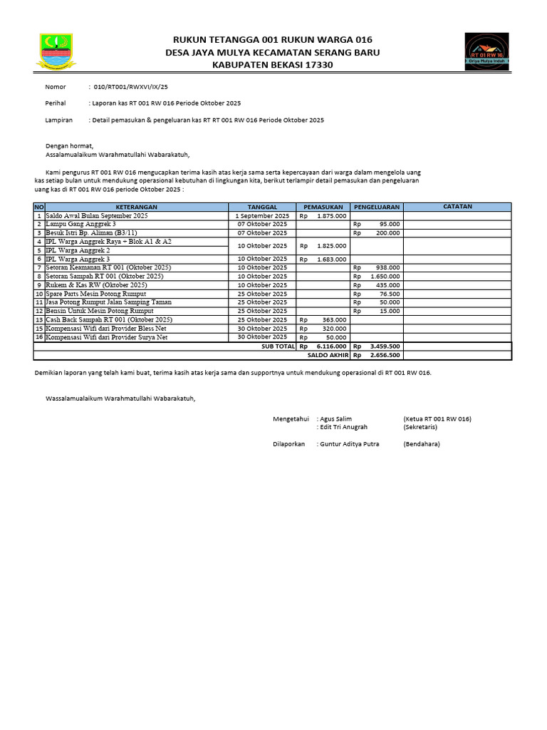 Laporan Kas RT 001 RW 016 Oktober 2025 | PDF