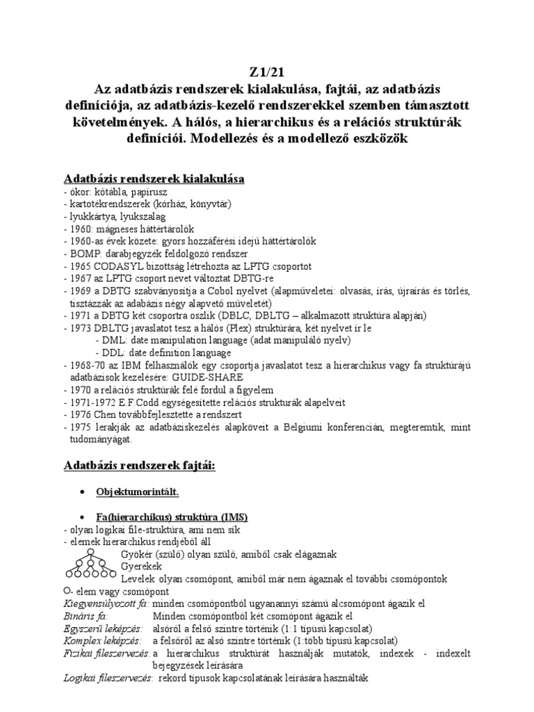 Z1-21.Az Adatbázis Rendszerek Kialakulása, Fajtái, Az Adatbázis ...