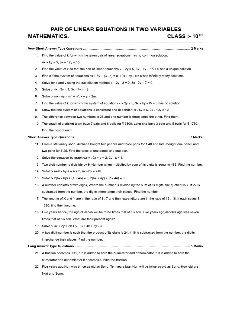 Linear Equations in Two Variables Guide | PDF | Equations | System Of ...