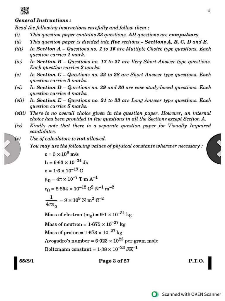 Class 12th Set 1 Physics | PDF
