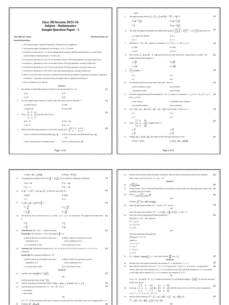 Mathematics Sample Paper Set 1 | PDF | Matrix (Mathematics ...