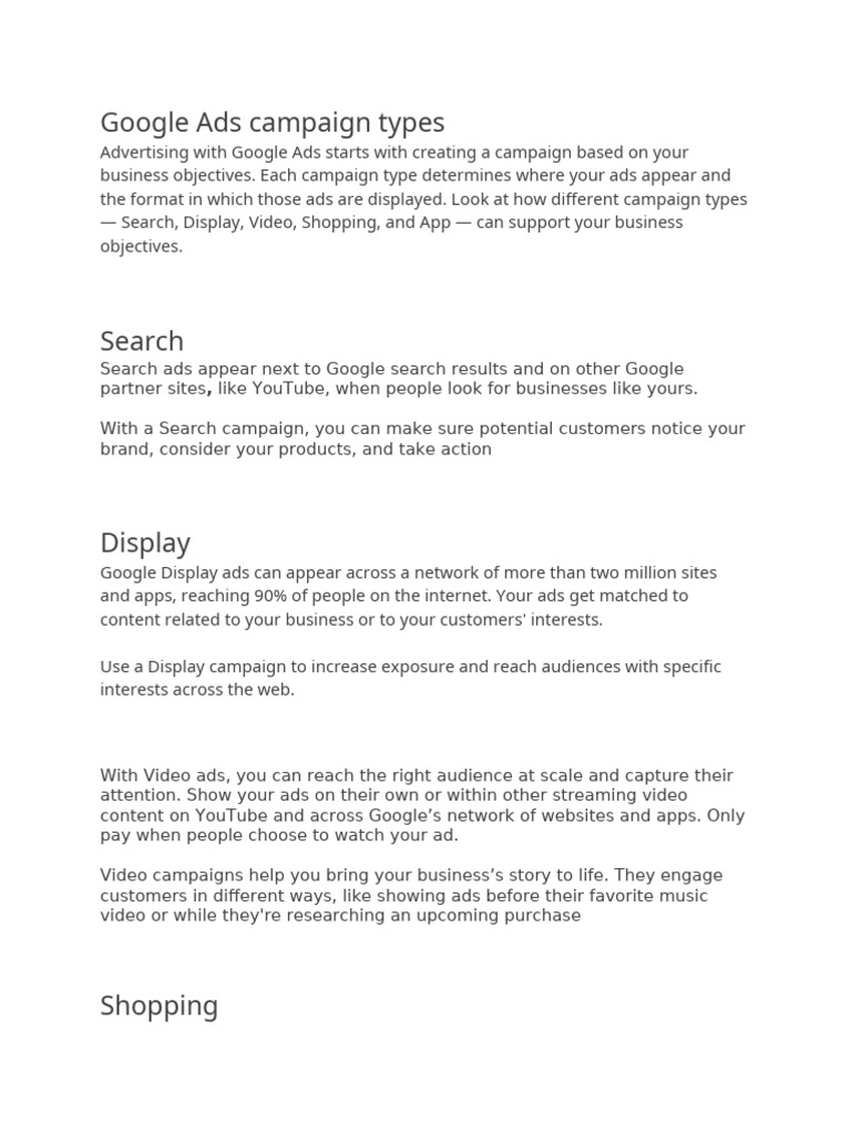 Google Ads Campaign Types Overview | PDF | Advertising | Digital Marketing