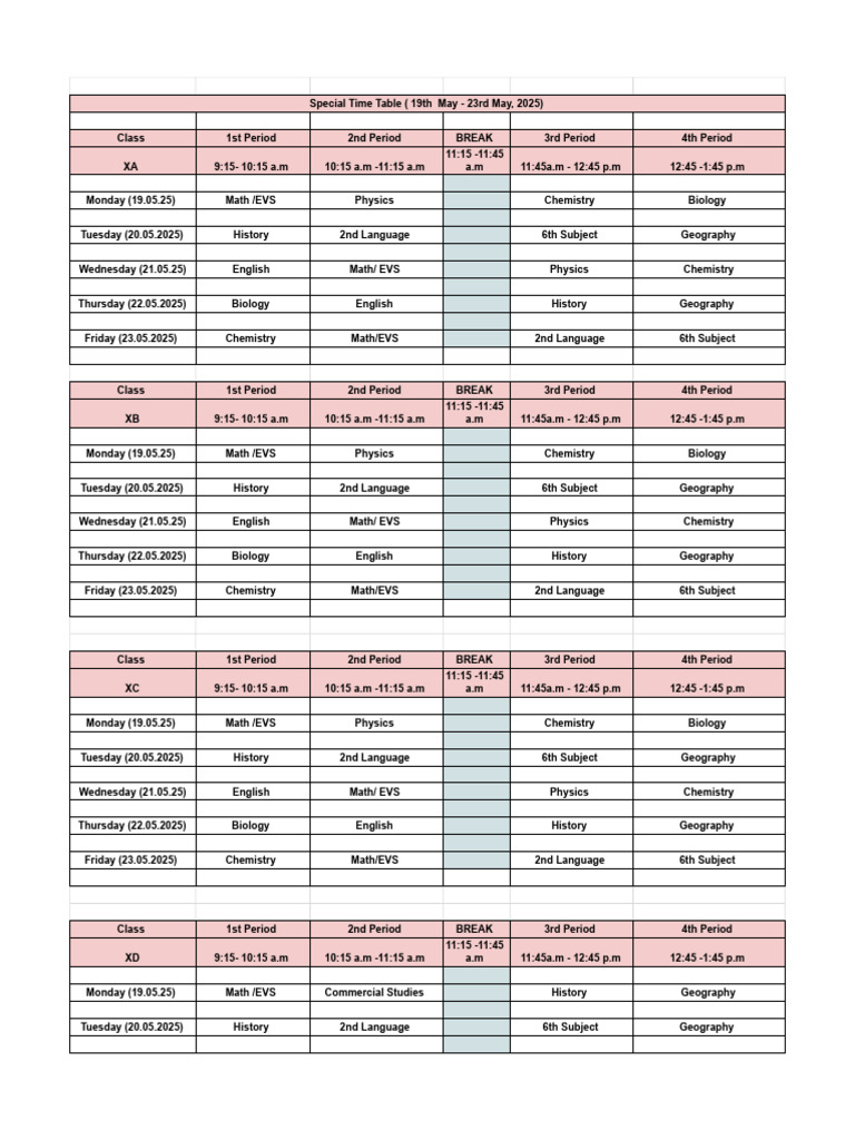 Class X Special Time Table 19th May 23rd May 2025 | PDF | Science ...