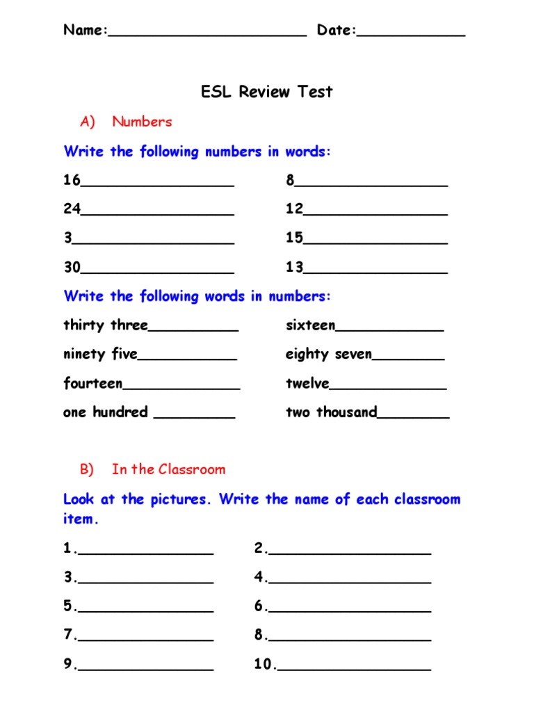 ESL Review Test: Numbers, Nouns, Verbs | PDF