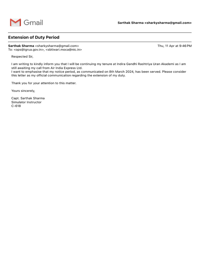 Duty Period Extension Request by Capt. Sharma | PDF