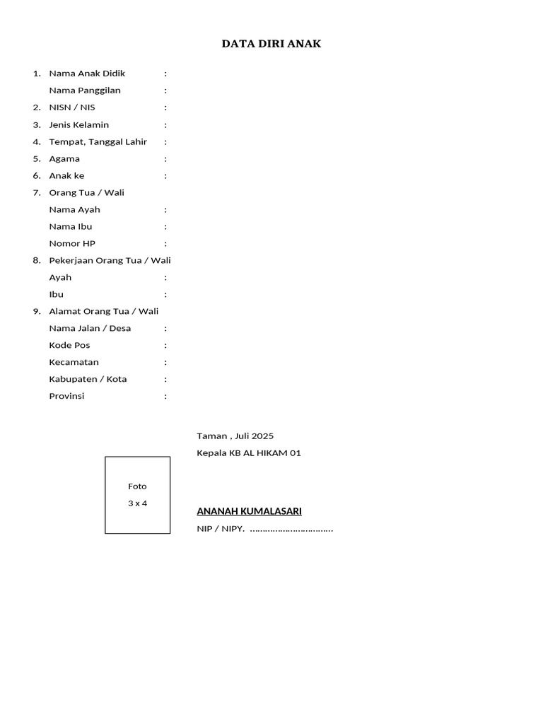 Data Diri Anak Didik Lengkap | PDF
