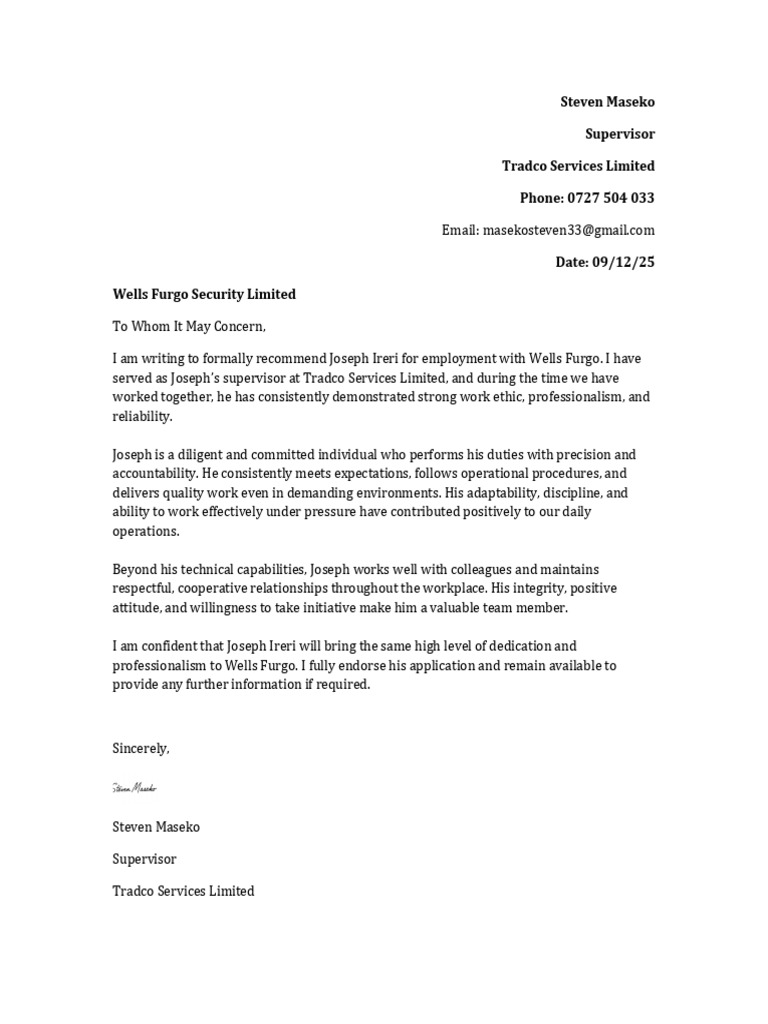 Recommendation for Joseph Ireri Employment | PDF