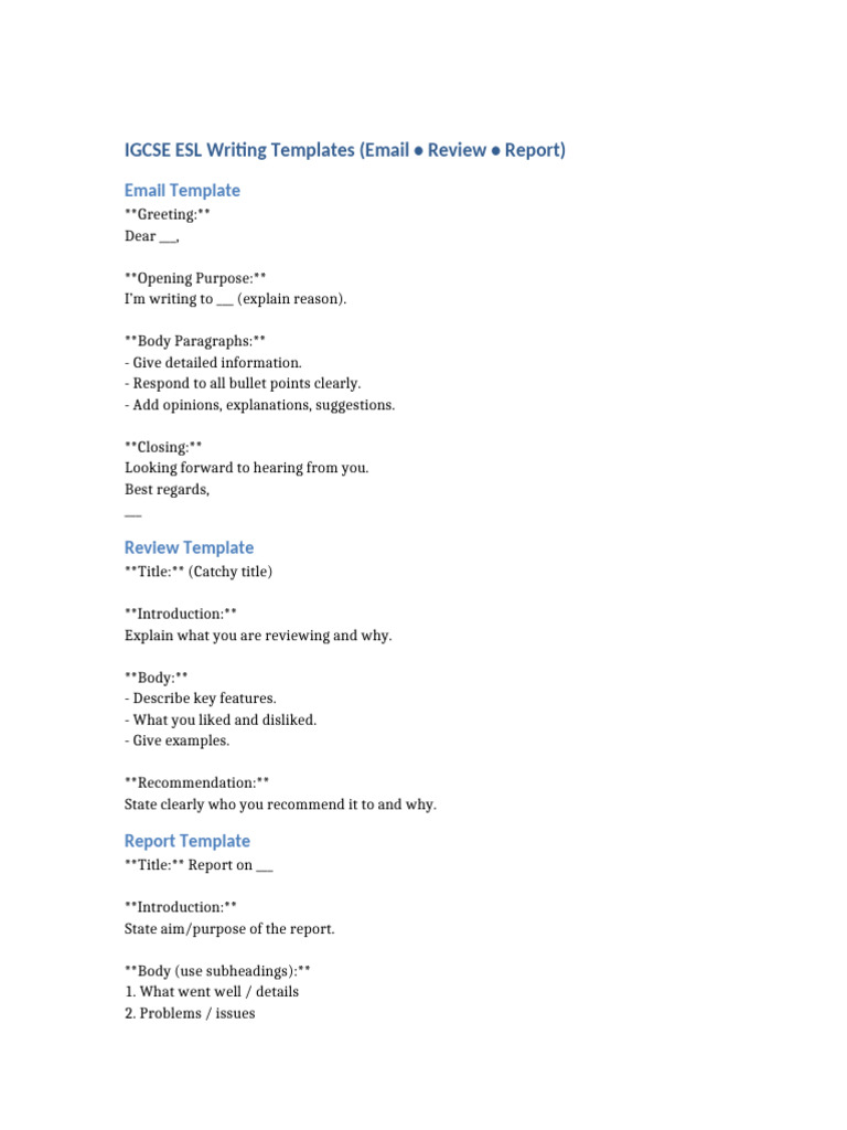 IGCSE ESL Writing Templates | PDF