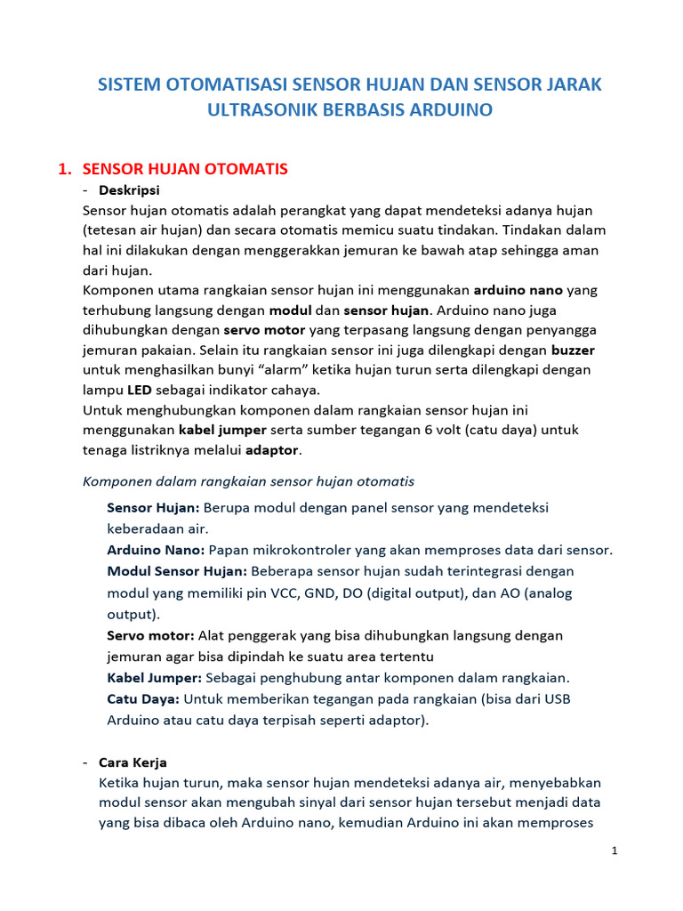 Sistem Otomatisasi Sensor Hujan Dan Sensor Jarak Berbasis Arduino | PDF