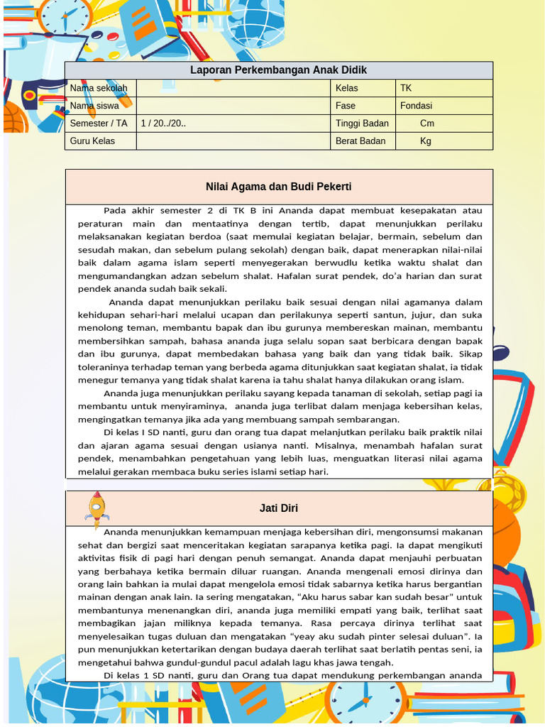Rapot Kurikulum Merdeka Tk | PDF