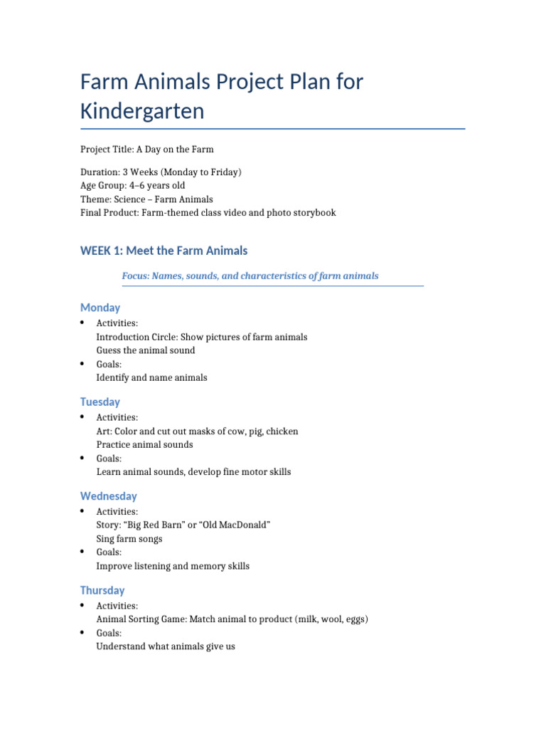 Kindergarten Farm Animals Project Plan | PDF