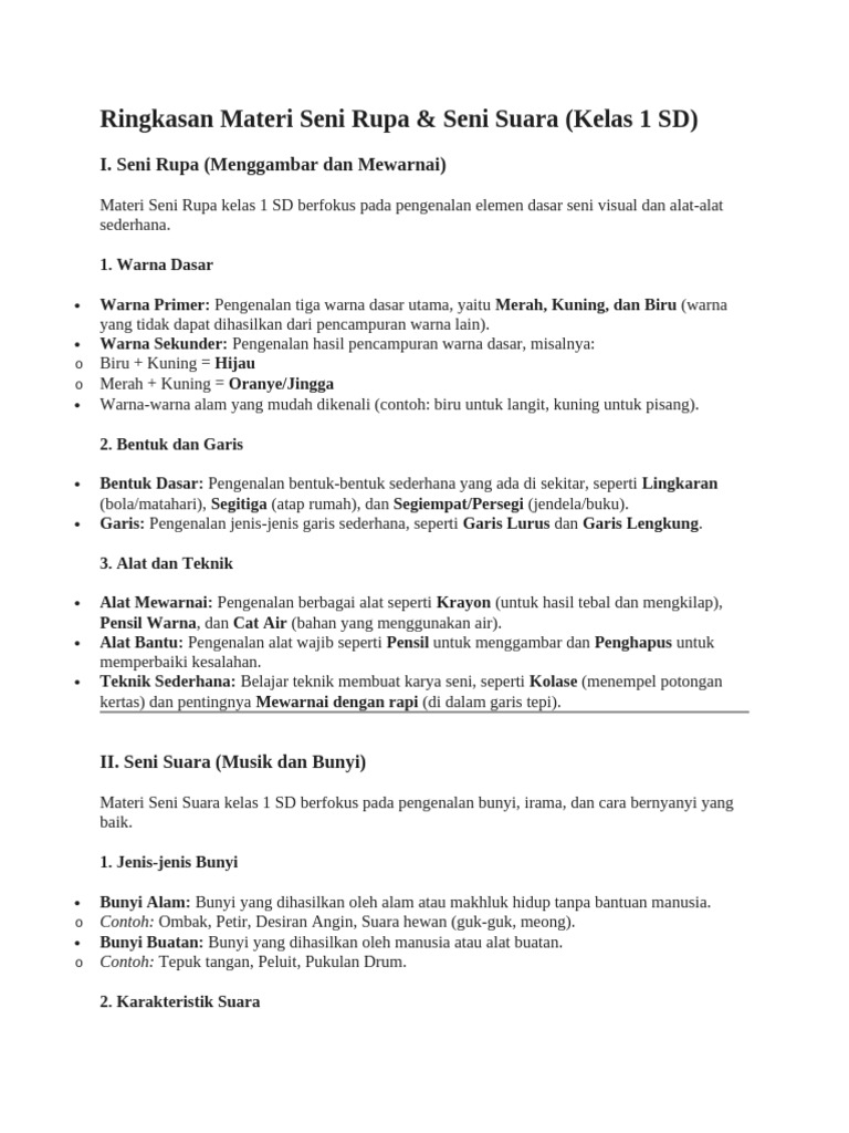 Materi Seni Rupa & Suara Kelas 1 SD | PDF