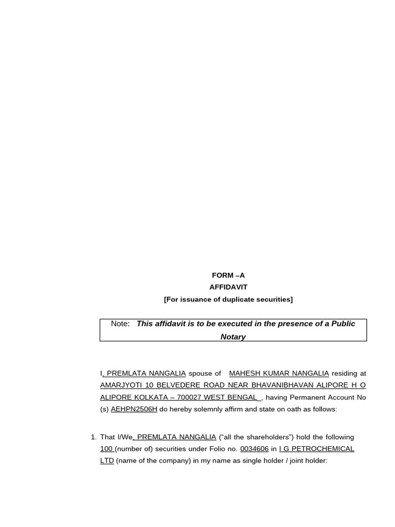 Duplicate Securities Affidavit Form | PDF | Affidavit | Notary Public
