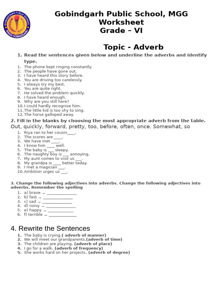 Grade VI Adverb Worksheet | PDF