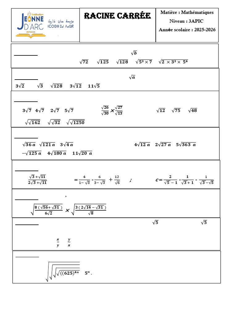 Exercices sur les racines carrées en mathématiques | PDF