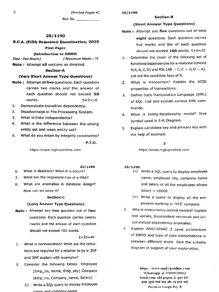 Bca 5 Sem Introduction to Dbms 1190 2025 | PDF