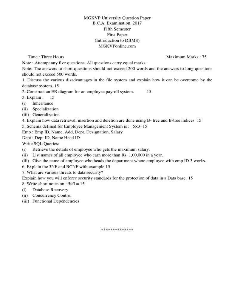Bca 5 Sem Introduction to Dbms 2017 | PDF