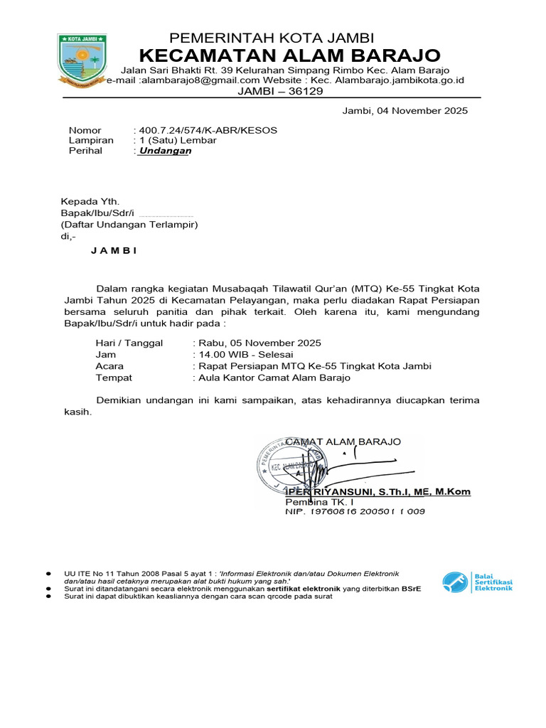 Surat Undangan Rapat MTQ Ke - 55 | PDF