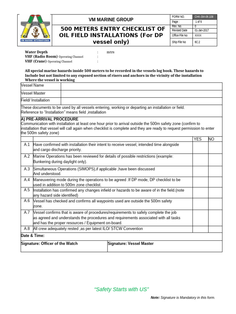 500m Safety Zone Checklist for DP Vessels | PDF | Ships | Shipping