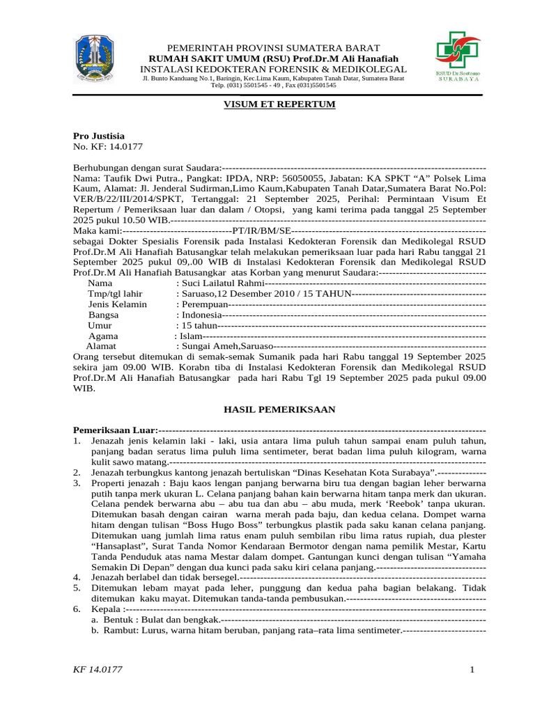 Visum Et Repertum Kasus Kematian 2025 | PDF