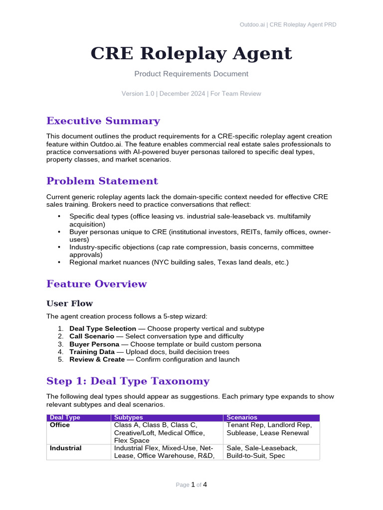 CRE Roleplay Agent PRD | PDF | Lease | Mergers And Acquisitions